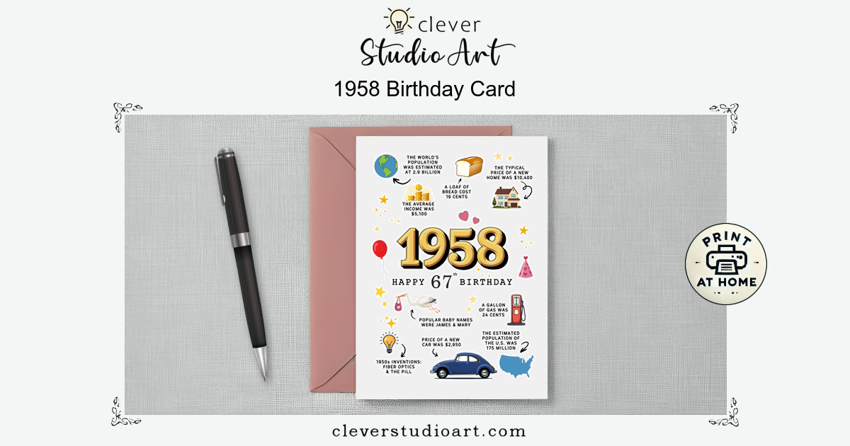 Printable 1958 Birthday Card for Dad or Mom | Clever Studio Art