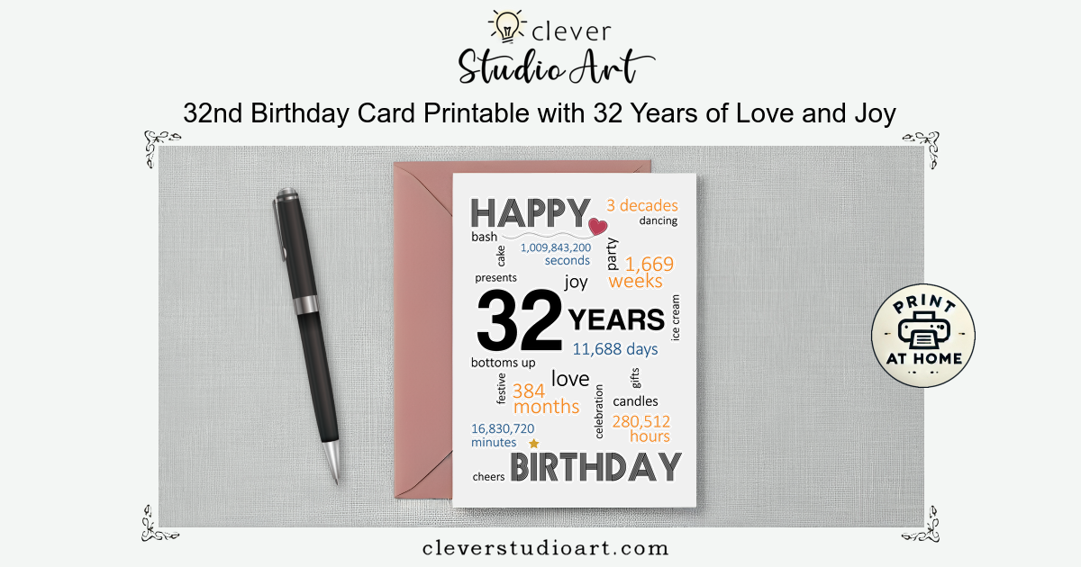 32nd Birthday Card Printable with 32 Years of Love and Joy | Clever ...