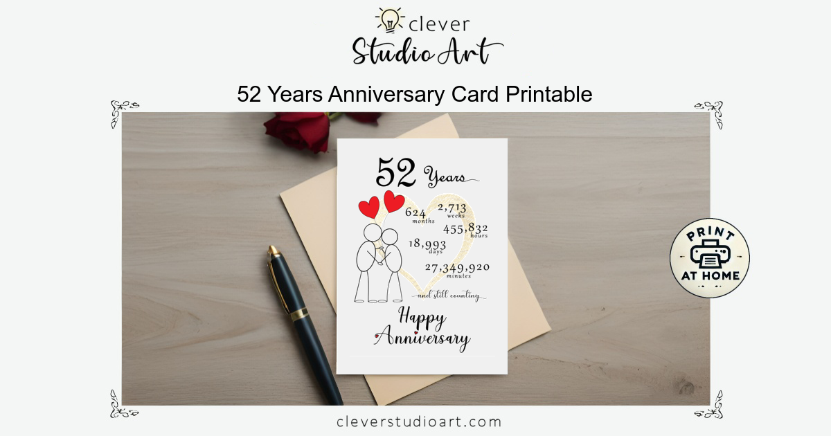 52nd Anniversary Card Printable | Clever Studio Art
