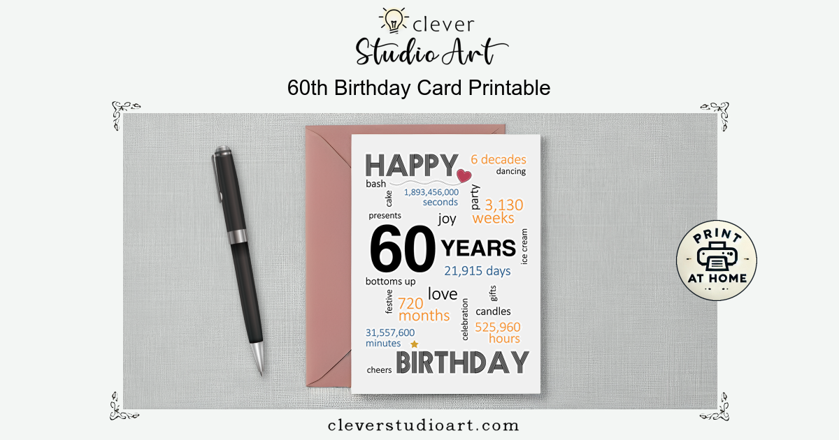 60th Birthday Card Printable | Clever Studio Art