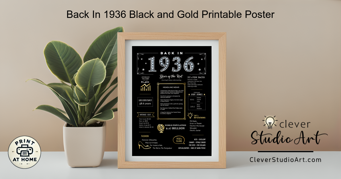 Back In 1936 Black and Gold PRINTABLE Poster | Clever Studio Art