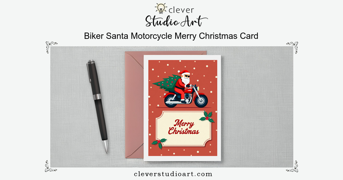Biker Santa Motorcycle Merry Christmas Card | Clever Studio Art